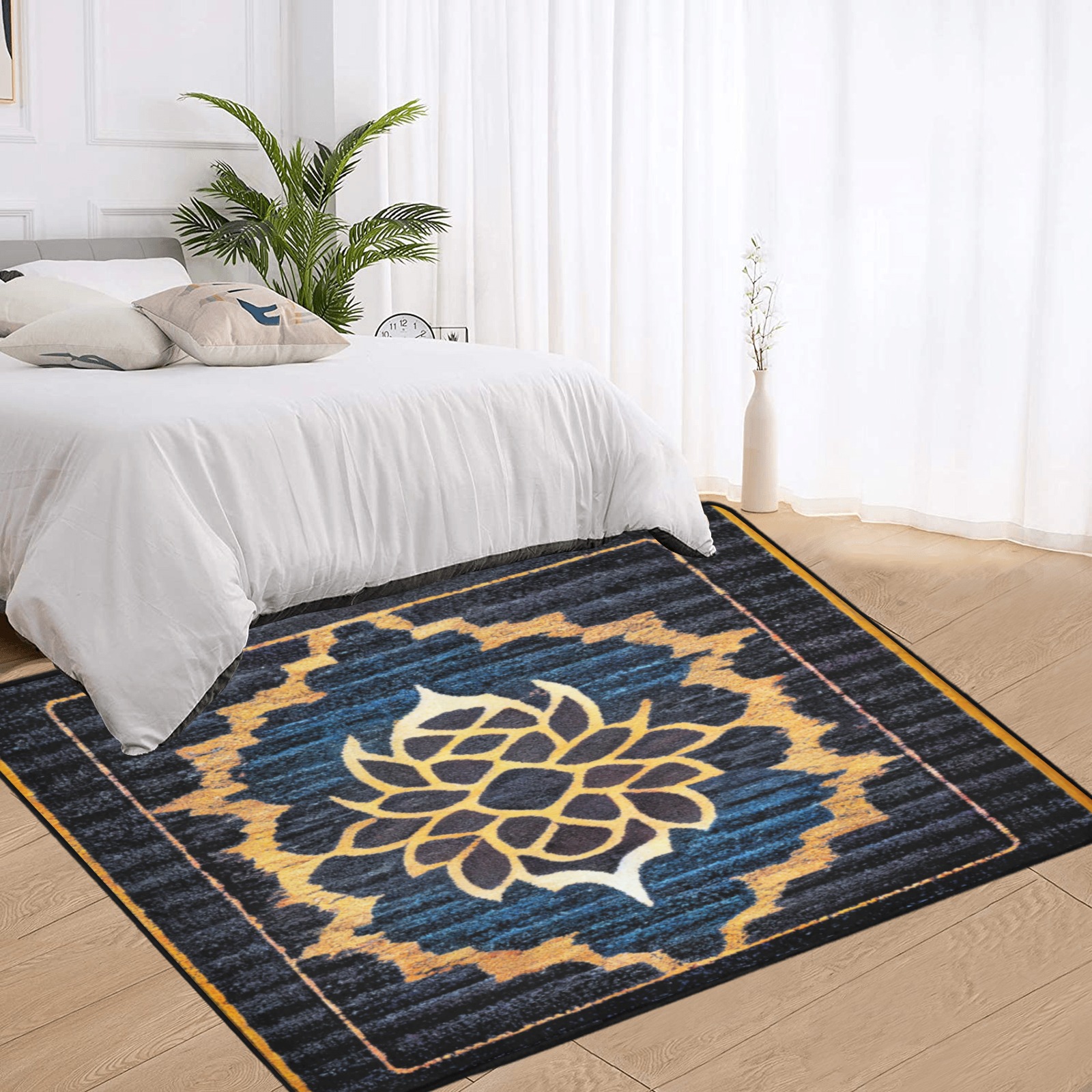 damask pattern, dark blue and yellow Area Rug with Black Binding 7'x5 ...