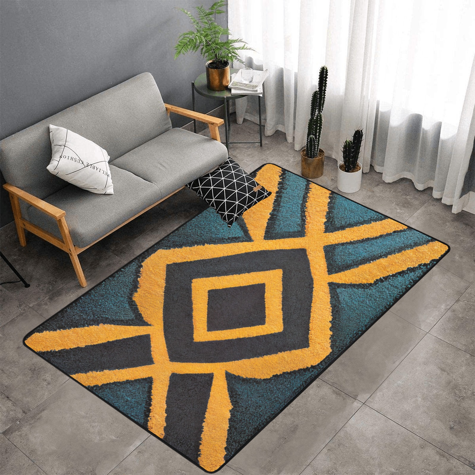 art deco, dark blue and gold Area Rug with Black Binding 7'x5' | ID ...