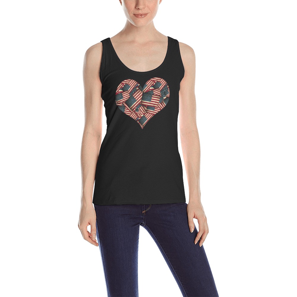 Patriotic USA Flag Heart on Black All Over Print Tank Top for Women ...