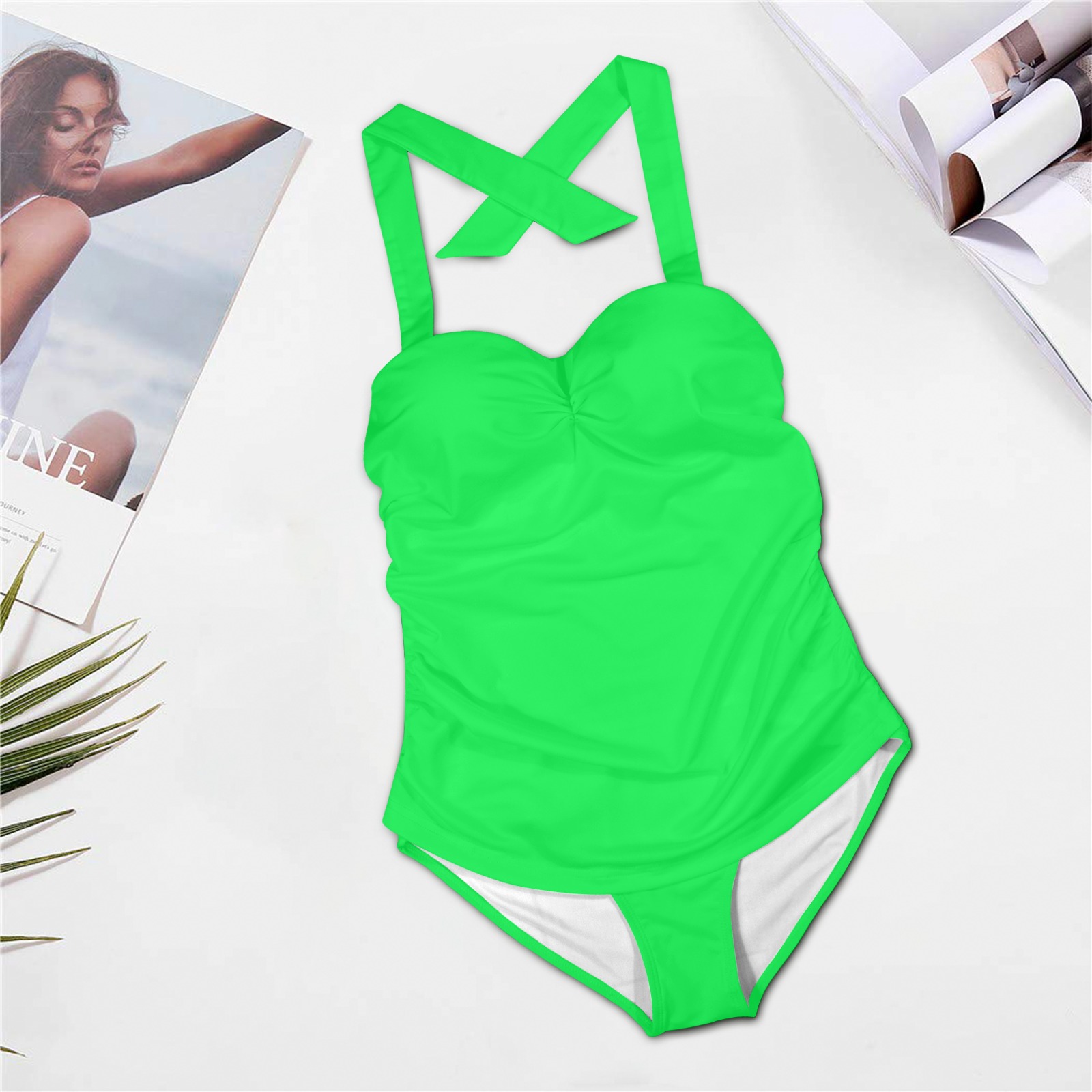 Neon Green Women's Halter Neck Gather Chest Swimsuit (Model S52) | ID ...