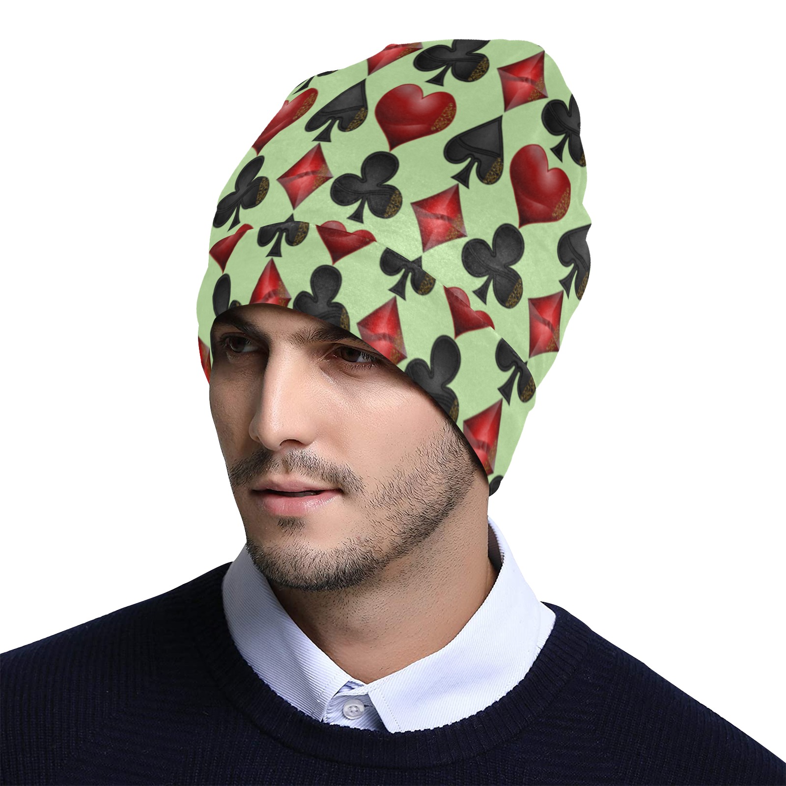 Black Red Playing Card Shapes Green All Over Print Beanie for Adults ...