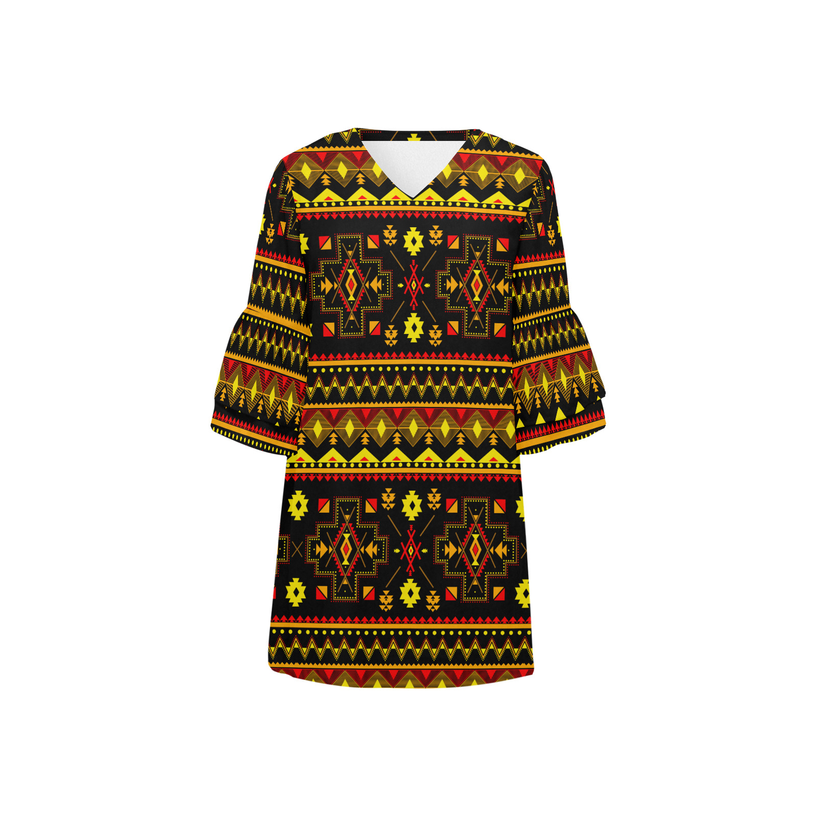Aboriginal Ethnic Tribal Pattern Half Sleeves V-Neck Mini Dress (Model ...