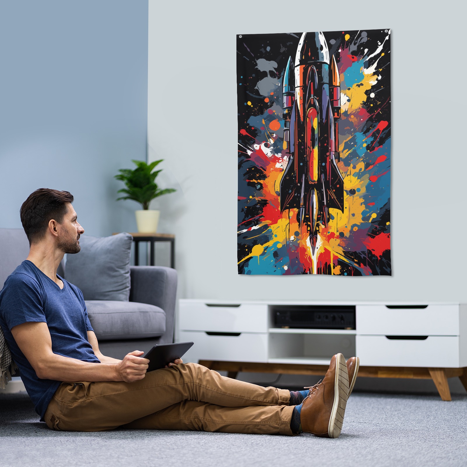 Awesome art of a cool rocket. Abstract art on dark House Flag 34.5"x56 ...