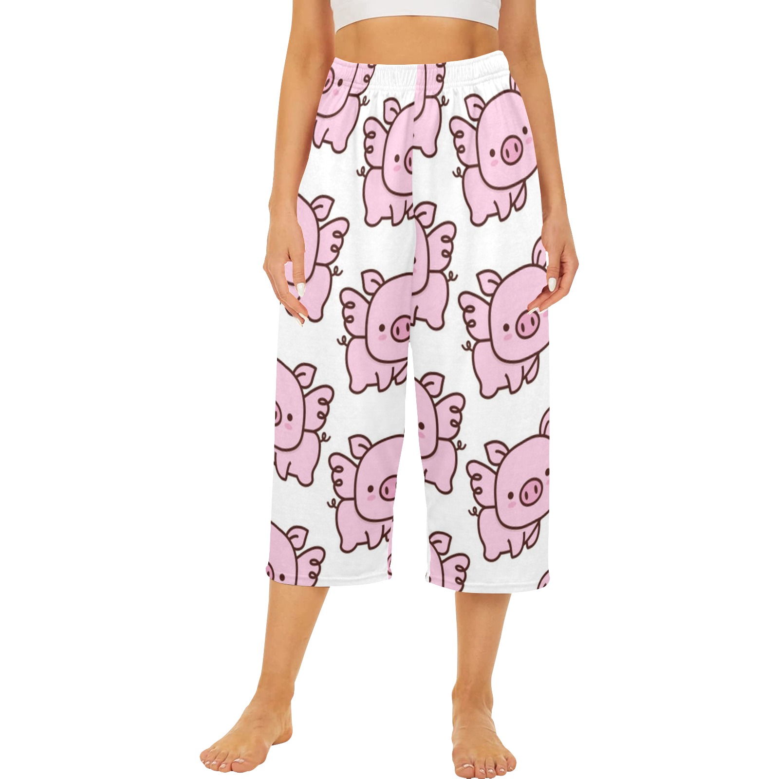 Cute Flying Pigs Cropped Pajama Pants (Model L66) | ID: D6398090