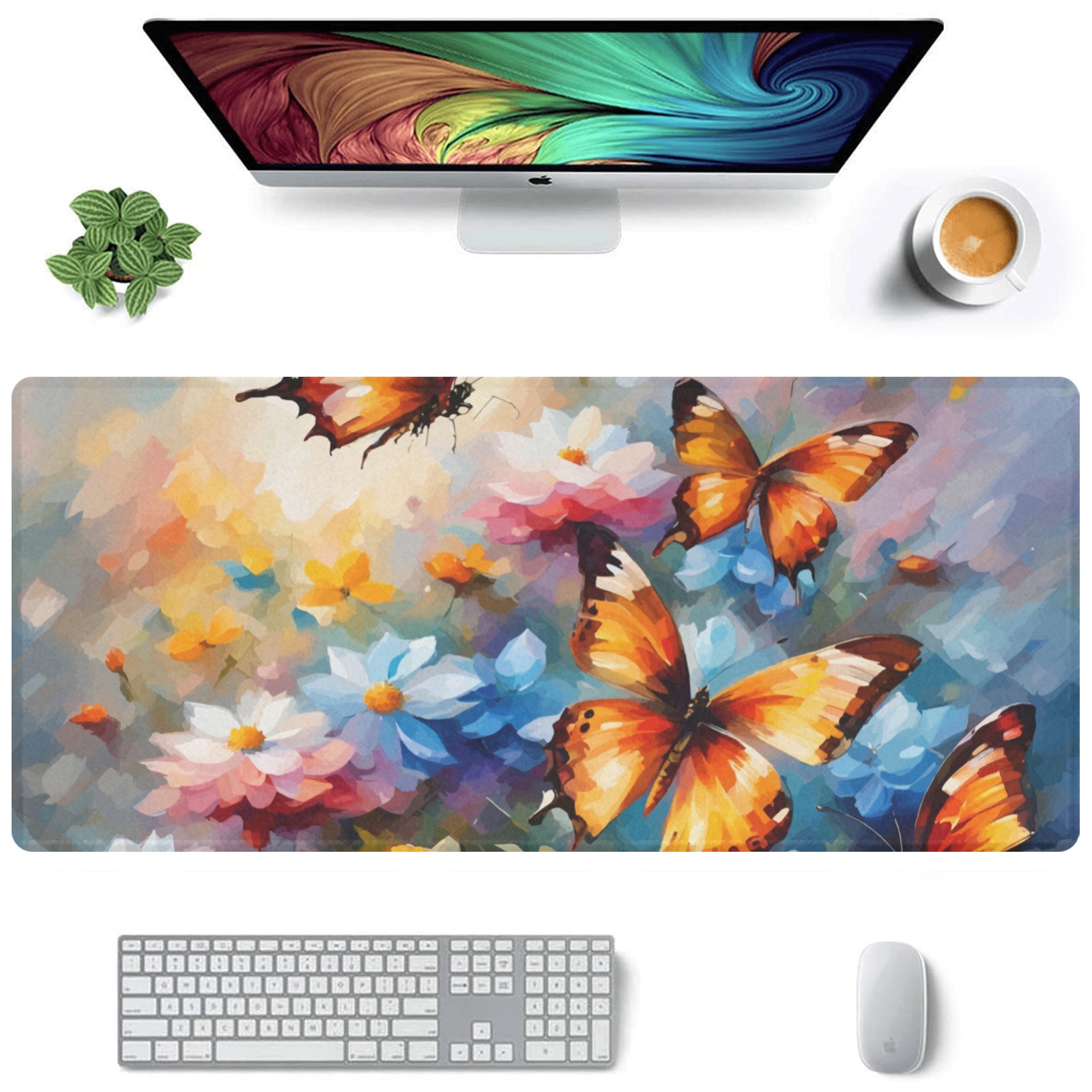 Butterflies over colorful flowers. Fantasy garden Gaming Mousepad (35 ...